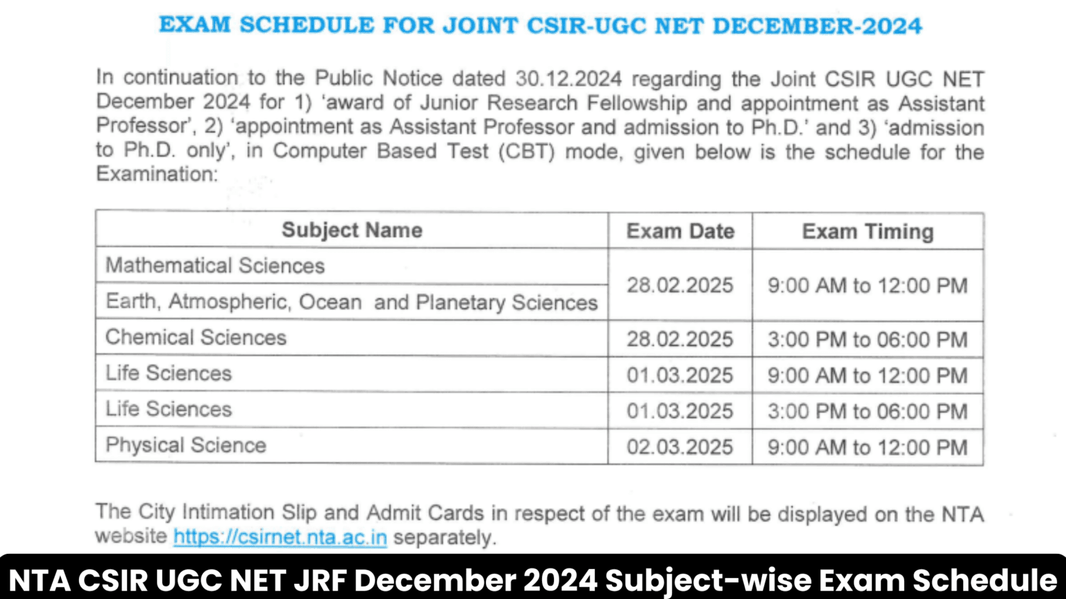NTA CSIR UGC NET JRF December 2024 Subject-wise Exam Schedule [OUT]: Check Subject-wise Exam ...