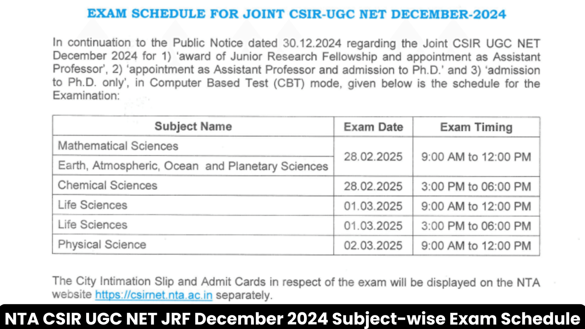 NTA CSIR UGC NET JRF December 2024 Subject-wise Exam Schedule [OUT]: Check Subject-wise Exam ...