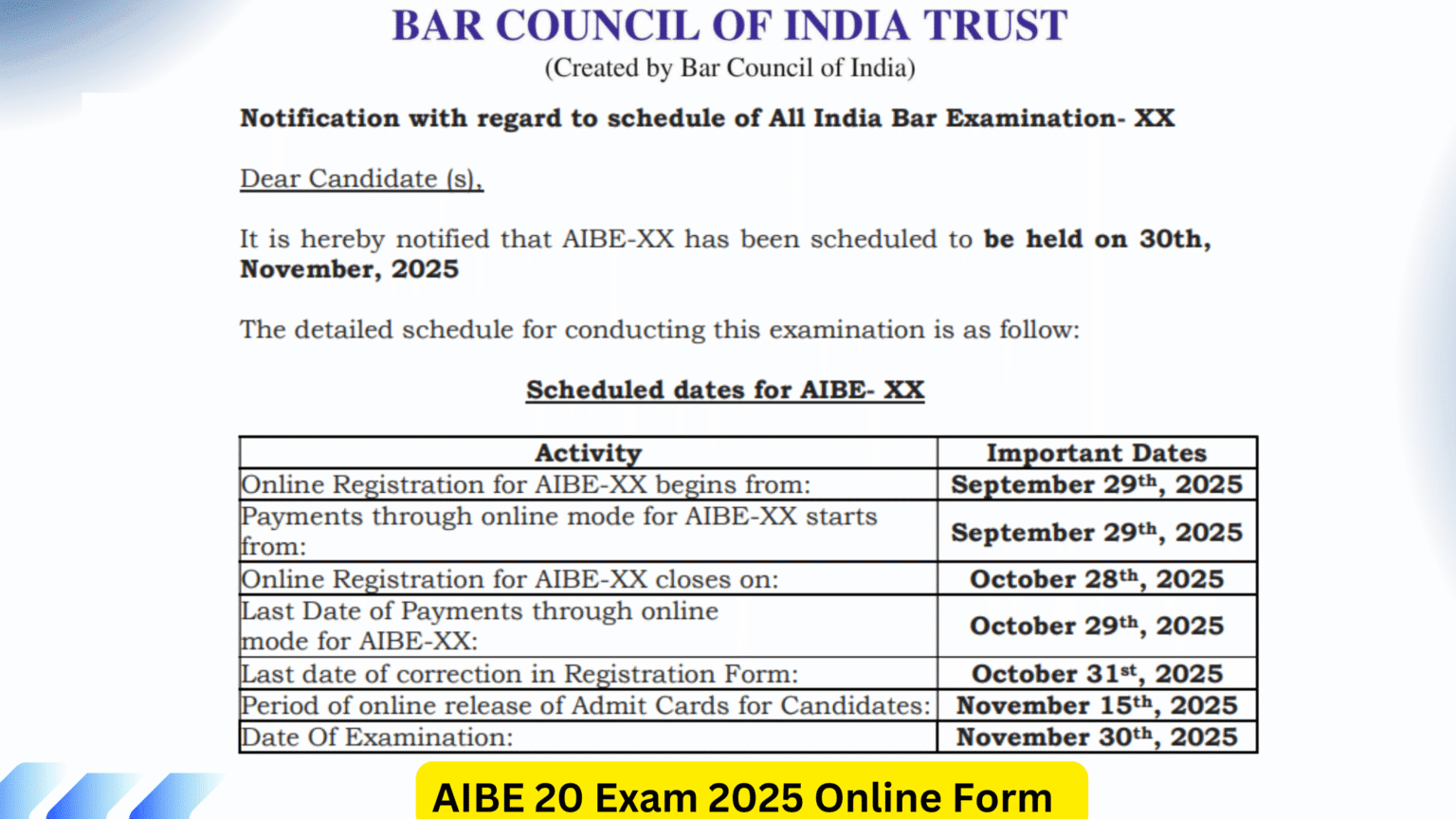 AIBE 20 Exam 2025 Online Form [OUT]: Apply Now @allindiabarexamination.com