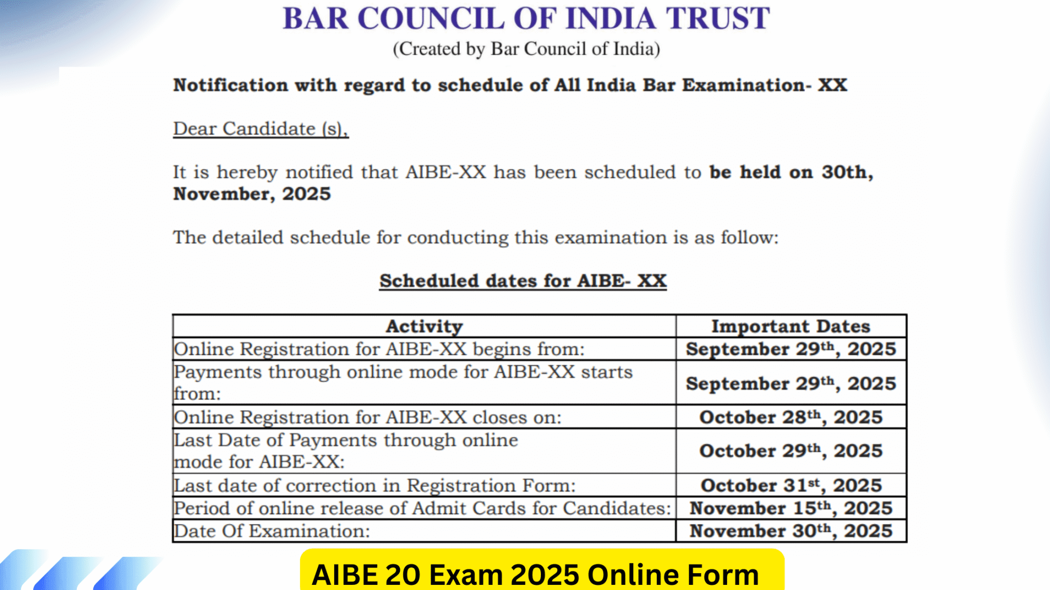 AIBE 20 Exam 2025 Online Form [OUT]: Apply Now @allindiabarexamination.com