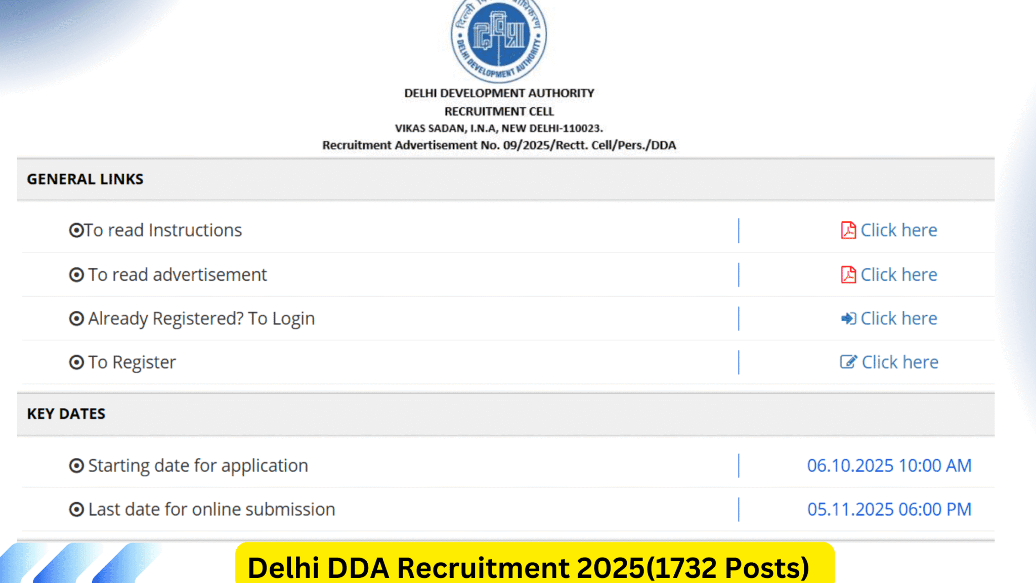 Delhi DDA Recruitment 2025 [Apply Now]: Total 1732 Group A, B, C Posts ...