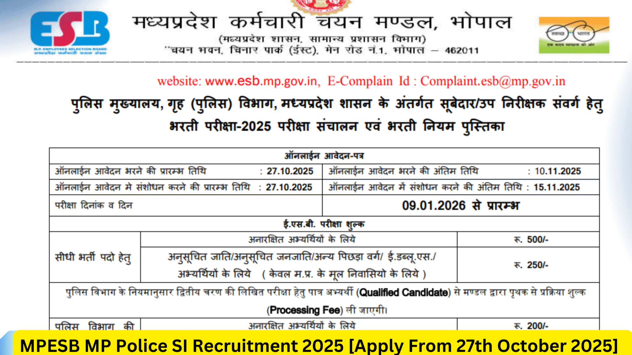 MPESB MP Police SI Recruitment 2025: Apply Now for 500 Posts @esb.mp.gov.in