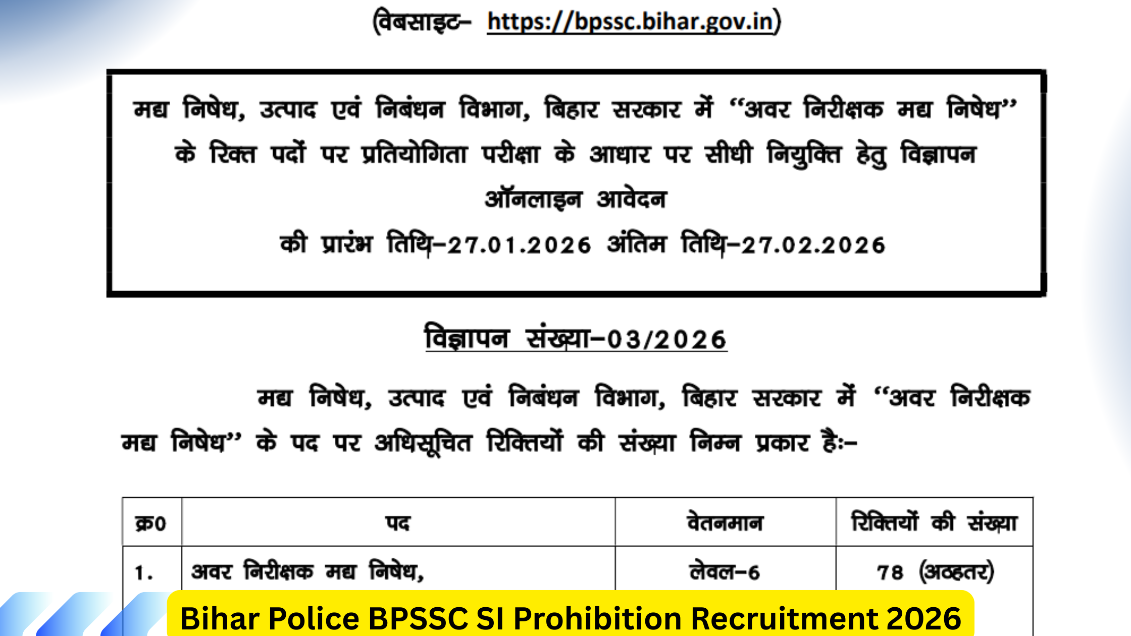 Bihar Police BPSSC SI Prohibition Recruitment 2026: Apply Online Now ...